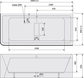 Polysan MARLENE CURVE R MONOLITH vana 195 x 85 x 63 cm obdélníková pravá 78731MCR