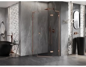 Mexen Lunar, L výklopný pětiúhelníkový sprchový kout pravý 90 x 90 cm, 8mm čiré sklo, profil měděná matná, 831L-090P-090L-65-00-P