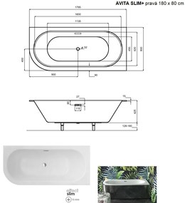 BESCO Asymetrická vana AVITA SLIM+ Nožičky k vaně - Bez nožiček, Rozměr vany - 180 × 80 cm, Způsob provedení - Pravé VANAVIT18SLIMPP