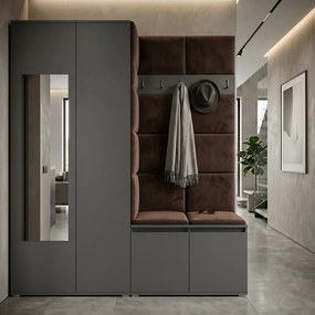 Předsíňová stěna Trinity 8 s čalouněnými panely, 190 cm, grafit/ hnědá