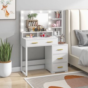 HOMCOM toaletní stolek se zrcadlem a 9 LED světly, 4 zásuvky a 6 otevřených přihrádek, 100 x 40 x 138 cm, bílý