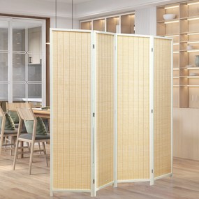 HOMCOM Skládací Oddělovač Místnosti 4 Panely 180x180 cm Ručně Tkaný z Bambusu a Bavlny Elegantní Dekorace do Obývacího Pokoj Bílá