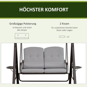 Dvoumístná hollywoodská houpačka Outsunny se sluneční stříškou, polštáři a podnosem, moderní zahradní houpačka z kovu a polyesteru, šedá, 162x118x173…