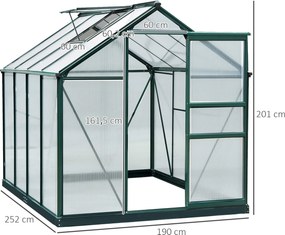 Skleník Outsunny s hliníkovým rámem Skleník se střešním oknem, dveřmi, základem, průchozí, odolný proti povětrnostním vlivům, 190x252x201cm