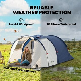 Outsunny tunelový stan pro 4 osoby — oddělené obytné a spací zóny, 3000 mm voděodolnost, přepravní taška — námořnická modrá/krémová