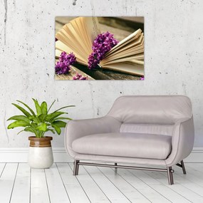 Obbraz knihy a fialové květiny (70x50 cm)