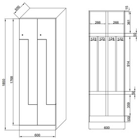 Kovová šatní skříňka Z, 4 oddíly, 1850 x 600 x 500 mm, RFID zámek, laminované dveře, bříza