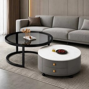 LuxuryForm DESIGN Konferenční stolek ORION 70 × 70 / 50 × 50 cm – šedý / bílý mramor + sklo (set 2 ks)