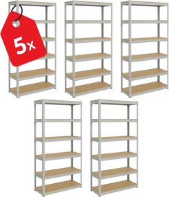 Akce 5x Regál 220x100x50 cm zinkovaný 6-policový, nosnost 1050 kg