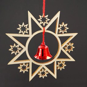 AMADEA Dřevěná ozdoba hvězda s červeným zvonečkem, 9 cm, český výrobek