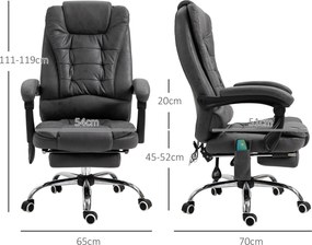 Kancelářská židle Vinsetto s masážní a vyhřívací funkcí, ergonomická, 6 masážních bodů, podnožka, dálkové ovládání, polyester, 65 x 160 x 104 cm, šedá
