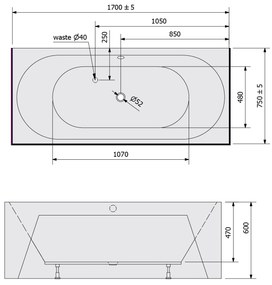 Polysan VIVA BD MONOLITH obdélníková vana 170x75x60cm, bílá,	88119MD