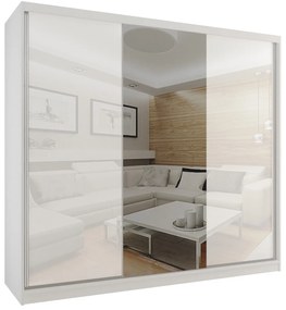 Šatní skříň 232 cm Belini bílý mat / bílý lesk s posuvnými dveřmi a zrcadlem  BM SZP4/2/W/WI/2W1L/HI