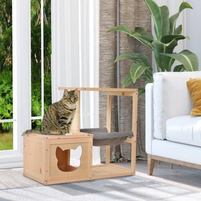 Kočičí domeček PawHut s houpací sítí a sisalovým kmenem, box pro kočky z jedlového dřeva, přírodní 70x35x60cm pro milovníky koček | Aosom.de