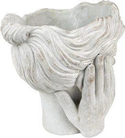 Šedý cementový květináč hlava dívky v dlaních M - 18*18*20 cm