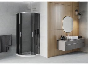 Mexen Rio, čtvrtkruhový sprchový kout s posuvnými dveřmi 80 x 80 cm, 5mm šedé sklo, chromový profil + bílá sprchová vanička, 863-080-080-01-40-4110