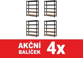 Akce 4x Regál 216x120x50 cm profesionální 5-policový, nosnost 2000 kg - černý