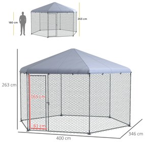 PawHut kurník 400 x 346 x 263 cm ocelový výběh pro volný chov, klec pro kuřata s krytem, dvířka, výběh pro 10-15 kuřat, malá zvířata, šedá | Aosom