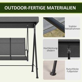 Outsunny Hollywoodská houpačka Třímístná zahradní houpačka s nastavitelnou střechou s nosností až 240 kg kov Texteline tmavě šedá 195 x 118 x 170 cm |