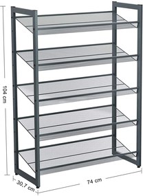 SONGMICS Botník kovový 5 polic černý 74 x 105 x 31 cm