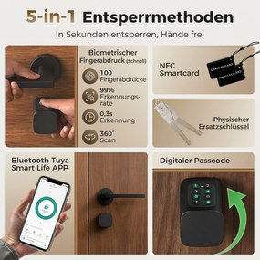 HOMCOM Chytrý dveřní válec, 5 v 1 s otiskem prstu, kódem, aplikací, NFC kartou a klíčem, společný přístup, Bluetooth válec