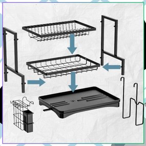 Camerazar Dvoupatrový sušič nádobí, kuchyňský organizér s odkapávačem, černý