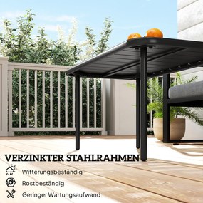 Venkovní konferenční stolek, obdélníkový kovový stůl na terasu odolný proti povětrnostním vlivům s lamelovou deskou pro venkovní použití