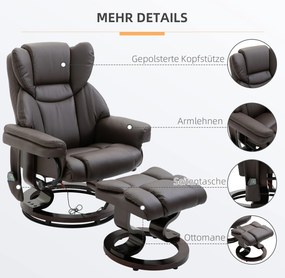HOMCOM polohovatelné masážní křeslo s podnožkou a funkcí polohování, imitace kůže, hnědá 79x82x101 cm, pohodlné pro relaxaci a wellness