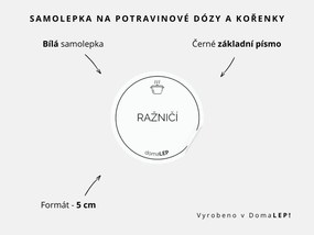 RAŽNIČÍ - omyvatelná samolepka na kořenky, výběr rozměrů Ø 5 cm / 5 x 5 cm / 6 x 8 cm | DomaLEP tvar: KOLEČKO, barva: BÍLÁ - ČERNÉ písmo, velikost: Ø 5 cm - základní písmo