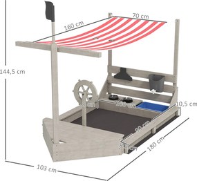 Pískoviště se sluneční stříškou, pirátská loď, včetně dětské kuchyňské soupravy, masivní dřevo, 180 x 103 x 144,5 cm, šedá barva