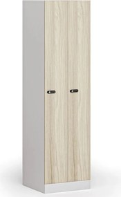 Zúžená kovová šatní skříňka S1, 2 oddíly, 1850 x 500 x 500 mm, mechanický kódový zámek, laminované dveře, dub přírodní
