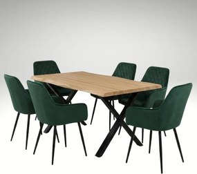 Vikio Jídelní set pro 6 osob 160x90 cm soft dub noha X zelená židle s područkami VJS226-6Z
