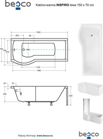Besco INSPIRO 150 x 70 cm VANINSPIR150L+OLVPINOZ vana včetně vanové zástěny levá Koupelny Bernold