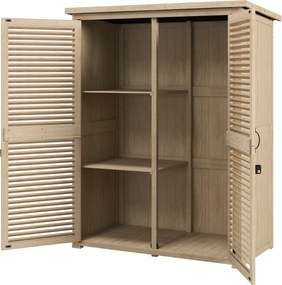 Outsunny Dřevěná Kůlna 0.83 m² 127x65x168 cm Exteriérový Dřevěný Kroužek se 2 Závěsnými Dveřmi, 2 Policemi, 2 Rukojeťmi a Voděodolnou Stříškou pro Zah