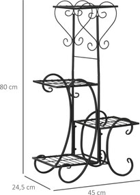 Outsunny Metalový Stojan na Květiny 4 Úrovně - Stojan pro Květiny na Balkon a do Zahrady, Černý 45 x 24,5 x 80 cm