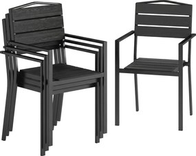 Outsunny zahradní židle – sada 4 stohovatelných křesel s latěným designem a područkami, odolné vůči počasí, černé, 52 × 51 × 90 cm | Aosom