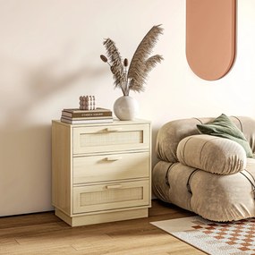 HOMCOM Noční stolek s 3 zásuvkami z ratanového pletiva, dřevěný komoda pro ložnici, obývací pokoj, bohémský styl 60x38x69 cm