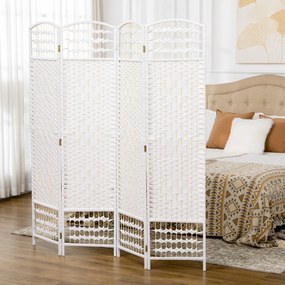 HOMCOM Skládací Předěl s 4 Panely 160x170 cm, S Rámem z Dřeva a Papírovým Provázkem pro Ložnici a Obývací Pokoj - Bílá