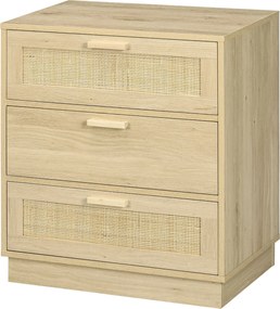 HOMCOM Noční stolek s 3 zásuvkami z ratanového pletiva, dřevěný komoda pro ložnici, obývací pokoj, bohémský styl 60x38x69 cm | Aosom