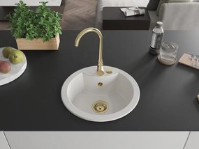 Mexen Diego, granitový dřez 488x488x167 mm, 1-komorový, bílá se zlatým sifonem, 6512481000-20-G