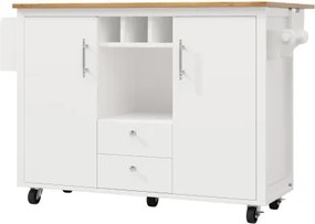Aosom Kuchyňský ostrov s skládacím stolem, velkým úložným prostorem, regálem na víno, držáky na ručníky a koření, 137,9 x 45/73 x 92,2 cm, bílá