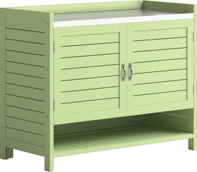 Sázecí stolek se skříňkou na dřevěném podstavci Venkovní zahradní skříňka s pozinkovanou pracovní deskou 3 police 88x40x70,5cm Zelená barva