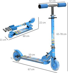 HOMCOM Dětská koloběžka s LED koly, 124 mm kolečka, skládací, výškově nastavitelná, s hudbou, zadní brzda, modrá