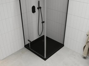 Mexen Roma, sprchový kout s 1-křídlými dveřmi 90 (dveře) x 90 (stěna) cm, 6mm čiré sklo, černý profil, slim sprchová vanička 5cm černá s černým sifonem, 854-090-090-70-00-4070B
