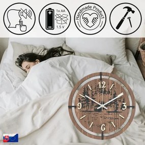 Dřevěné nástěnné hodiny s motivem lesa - moderní design | SENTOP HDF0702-ruky-silver