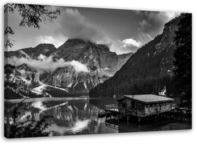 Gario Obraz na plátně Horská chata u jezera - černobílý Rozměry: 60 x 40 cm
