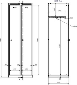 Kovová šatní skříňka S7, 2 oddíly, 1800 x 600 mm, cylindrický zámek, tmavě šedé dveře