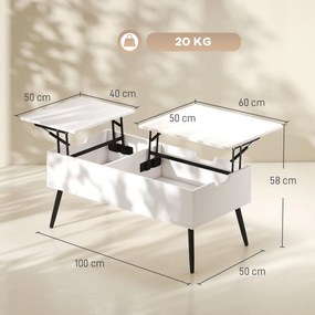 HOMCOM konferenční stolek s výsuvnými deskami a skrytým úložným prostorem, moderní kovové nohy — 100 x 50 x 43,6–58 cm, bílý