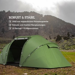 Tunelový stan pro 4-6 osob, kempinkový stan s dveřmi, podlážka, 2000 mm vodotěsná zelená barva