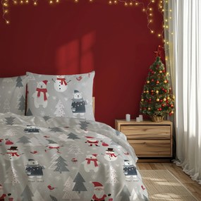 Faro Vánoční bavlněné povlečení 220x200 – vzor 079 – šedé se Santou Klausem, sněhuláky, ledními medvědy a vánočními stromečky – SCANDIC